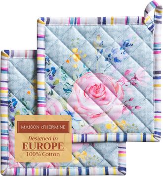 Maison d'Hermine Hot Pads Set mit 2 Oster-Topfhaltern aus 100% Baumwolle mit Schleife, (20cm x 20cm) Topflappen, hitzebeständig für Grillen, Sweet Rose Lavender - Lush