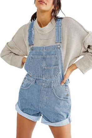 ORANDESIGNE Salopette Femme Courte en Velours Côtelé Salopette Short avec Poches à Couleur Unie Combinaison A Bleu Clair XL