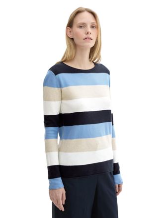 Tom Tailor Damen Strickpullover mit Rundhals, 36290 - Blue Block Stripe, S