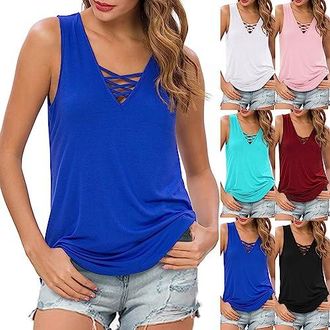 Generic Haut basique &agrave; col en V pour femme - En coton - Crop - D&eacute;bardeur long - XXL - &Eacute;l&eacute;gant - Sans manches - Couleur unie - D&eacute;contract&eacute; - Haut d&eacute;t&eacute; sexy, ro