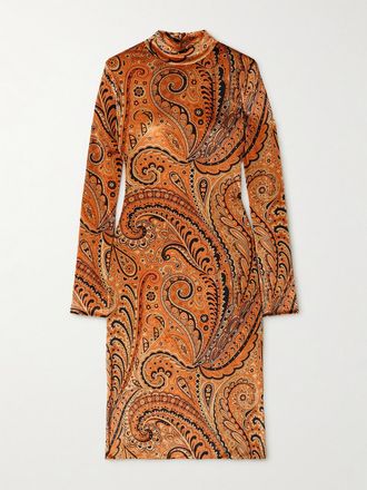 Etro Midikleid Aus Samt Mit Paisley-print Und Stehkragen - Orange