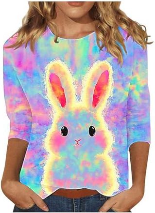 Generic Chemises de P&acirc;ques pour femmes - T-shirts graphiques amusants &agrave; manches 3/4 pour le printemps et l&eacute;t&eacute; - T-shirts Happy Easter, bleu, XL