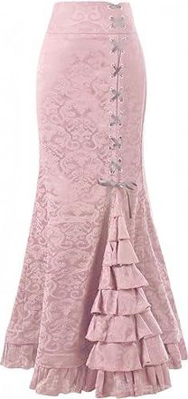 Ocean Plus Femme Jupe Gothique Jacquard Jupe Longue Laçage Hanche Jupe de Queue de Poisson (L (Tour de Taille: 79 cm), Rose)