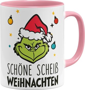 OM3 lustige Weihnachts Kaffee-Tasse mit Spruch - sch&ouml;ne schei&szlig; Weihnachten - Keramik Becher - 325ml - Beidseitig Bedruckt - Rosa