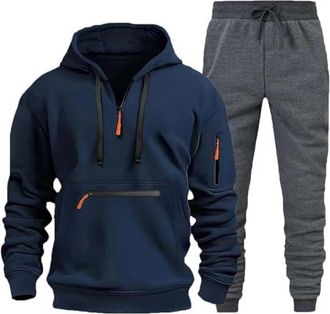 Generic Survêtement pour homme à manches longues avec capuche et doublure en polaire avec poches zippées, coupe ample, pull à capuche et pantalon de travail, 