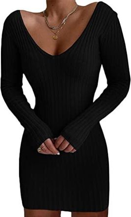 Onsoyours Pulls Robes Femmes Moulante à Manches Longues Col V Robe Basique Sexy Casual Tricot Robe Pulls A Noir S