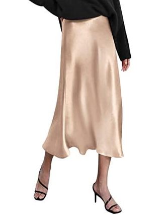 Zeagoo Femme Jupe en Satin Élégant Taille Haute élastique Midi Jupe en Soie avec Fermeture éclair S-XXL