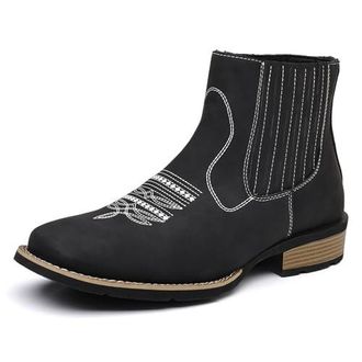 Generic Bottes Cowboy Homme Western Bottines Cheville en Cuir PU Chelsea Slip-on Bout Rond Motif Brod&eacute; R&eacute;tro Classique Ranch Durable Confortable Mode D&eacute;contra
