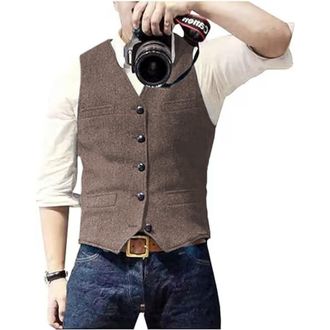 Solovedress Herren Casual Wolle Fischgr&auml;tmuster Anzug Weste V-Ausschnitt Tweed Weste f&uuml;r Hochzeit Groomsmen(Hellbraun,XXL)