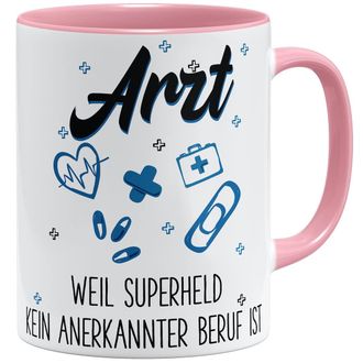 OM3 Superheld Arzt Tasse mit Spruch - Beruf Geschenk - Keramik Becher - 11oz 325ml - Beidseitig Bedruckt - Rosa