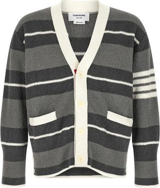 Thom Browne Homme, Pulls, Gris, Taille: S Cardigan Tricot&eacute; &Eacute;pais en Coton Ray&eacute;