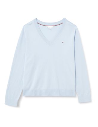 Tommy Hilfiger Damen Pullover Jersey Stitch mit V-Ausschnitt, Blau (Breezy Blue), 50