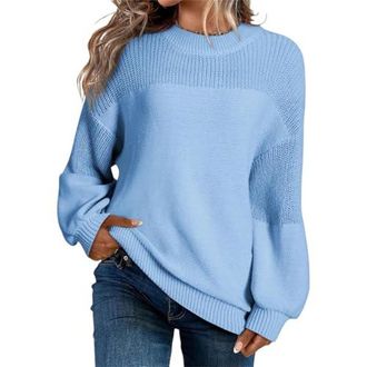 Generic Pull d&eacute;contract&eacute; &agrave; manches longues et col rond en tricot uni pour femme, pull d&eacute;contract&eacute; &agrave; manches longues et col rond, mignon, bleu clair, XXL