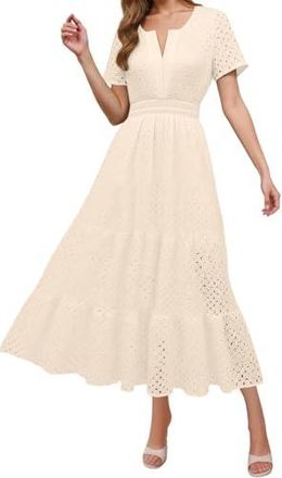 Generic Robe d&eacute;t&eacute; pour femme - Manches courtes - D&eacute;contract&eacute;e - Col en V - OEillets - Volants - Swing A - Robe longue, beige, XXL