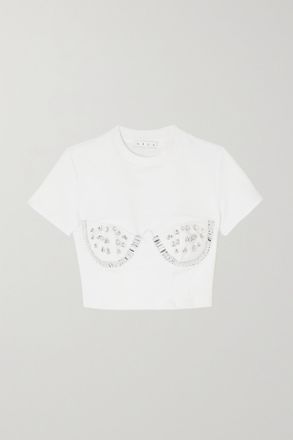 Area Verk&uuml;rztes T-shirt Aus Stretch-ponte Mit Kristallen - Wei&szlig;