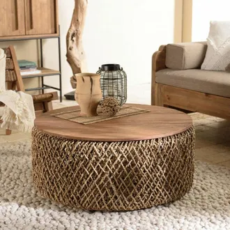 Macabane Macabane - Table basse ronde 85cm en rotin et teck recycl&eacute; - Plateau amovible - Style naturel pour salon moderne - Meuble mont&eacute; - diam85