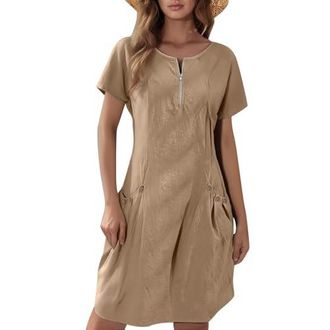 Generic Robe d&eacute;t&eacute; &agrave; manches courtes pour femme, col rond, robe grise avec fermeture &eacute;clair, kaki, XXL