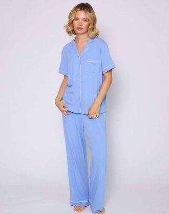 Loungeable Chemise classique c&ocirc;tel&eacute;e &agrave; manches courtes et pantalon long - Bleu