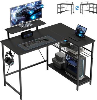 HOMCOM Umkehrbarer Gaming-Schreibtisch 114,5 x 82 cm, Eck-Gaming-Schreibtisch mit Bildschirmhalterung und verstellbarem Netzregal, Computertisch zum Lernen, 