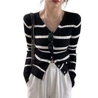 Generic Y2k Cardigan &agrave; rayures cor&eacute;ennes en tricot fin avec boutons d&eacute;contract&eacute;s et col en V pour femme, noir, Taille Unique