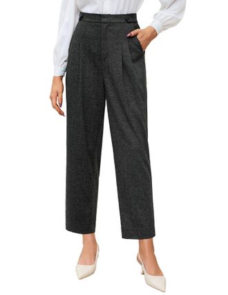 Grace Karin Damen Anzughose Taille Dehnbar Weites Bein Business Casual Lang Hose Mit Taschen Dunkelgrau XL