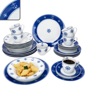 MamboCat Ahoi 30tlg Kombiservice I blau wei&szlig;es Porzellan Geschirrset mit nautischem Dekor f&uuml;r 6 Personen I Je 6x Tassen, Untertassen, Kuchenteller, Suppentelle