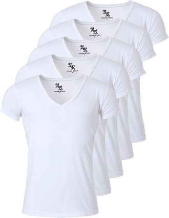 Young & Rich Herren Uni T-Shirt mit extra tiefem V-Ausschnitt Slimfit Stretch Dehnbare Passform einfarbiges Basic Shirt - 5er Pack, Gr&ouml;sse:3XL, Farbe:Wei&szlig;