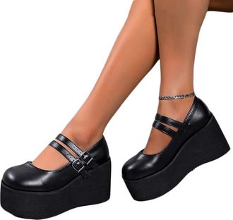 Minetom Damen Platform Mary Janes Schuhe Gothic Plateau Pumps Schuhe Chunky Plateauschuhe Lackleder Schuhe Japanische Süße Prinzessin Schuhe D2 Schwarz 39 EU