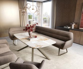 DELIFE Esszimmerbank Taya-Flex 285x190 cm Strukturstoff Soft Taupe Kufengestell flach Effektfinish Titan Taschenfederkern Rechts, B&auml;nke