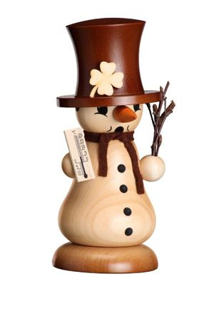 Rudolphs Schatzkiste R&auml;ucherfigur Schneemann Schmelzi mit Kleeblatt Natur BxHxT 7,5x18x8,5cm NEU R&auml;uchermann Rauchmann Smoker R&auml;ucherkerze Figur Holz Seiffen Erzgebirge Ho