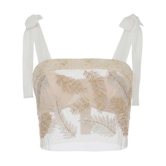 Elisabetta Franchi T&uuml;ll- und Tweed-Oberteil mit Federn - - Tops - Damen - Beige - 2XL