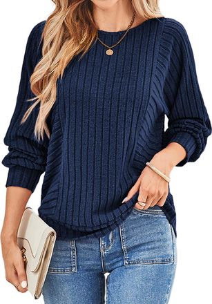 Dokotoo Damen Pullover Rundhals Fledermaus&auml;rmel Langarmshirt Herbst Winter Leichter Strickpullover Pulli Casual Loose Fit Oberteile Geripptes Sweatshirt, Mari