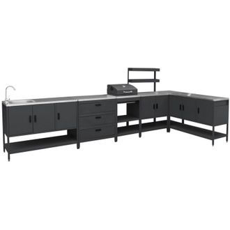 Sweeek Cuisine ext&eacute;rieure Naxos 5 modules avec barbecue au charbon acier inoxydable noir