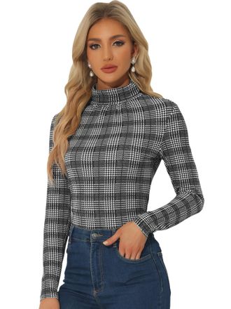 Allegra K Damen Pullover Langarm Rollkragen Slim Fit Herbst Winter Kariert Top Bluse Oberteil Schwarze S
