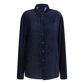 Giorgio Armani Seidenmischung Devor&eacute; Samt Twill Hemd - - Shirts - Herren - Blau - XL
