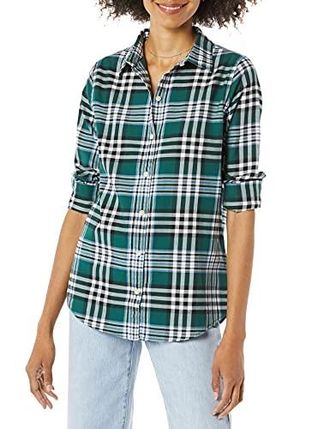 Amazon Essentials Chemise l&eacute;g&egrave;re en Flanelle &agrave; Carreaux &agrave; Manches Longues de Coupe Classique pour Femme, Motif Carreau Vert fonc&eacute;, Taille S