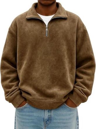 Generic Sweat-shirt pour homme sans capuche, t-shirts &agrave; manches longues avec fermeture &eacute;clair 1/4, pull de transition, doublure chaude, d&eacute;contract&eacute;, haut de f