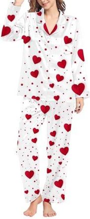 Generic Ensemble de pyjama rouge pour femme - Col rabattu - Ensemble pour femme - Pyjama dhiver ample et confortable - Pyjama boutonné pour femme - Ensemble c