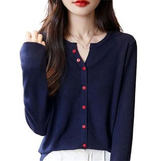 Generic Cardigan classique en laine pour femme, col en V, motif tricot&eacute;, manches longues, bouton, haut d&eacute;contract&eacute;, Bleu fonc&eacute;, S