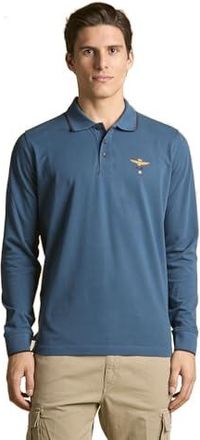 Aeronautica Polo homme à manches longues en coton avec logo, Bleu avion., XL