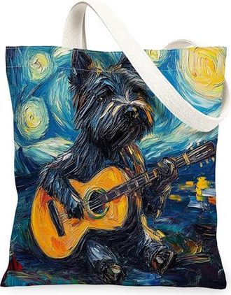 Generic Sac fourre-tout r&eacute;utilisable en toile pour le shopping Motif chien terrier &eacute;cossais 33 x 38 cm, motif guitare de nuit &eacute;toil&eacute;e, sac d&eacute;picerie r&eacute;utilisa
