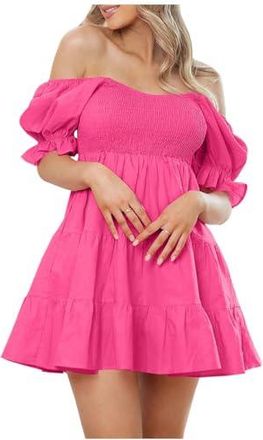 Generic Robe amincissante &agrave; volants pour femme - Jupe &agrave; manches courtes, rose vif, XL