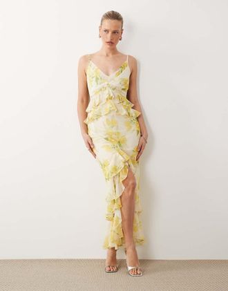 Asos Robe longue droite &agrave; fines bretelles et volants avec imprim&eacute; fleurs et pois-multicolore