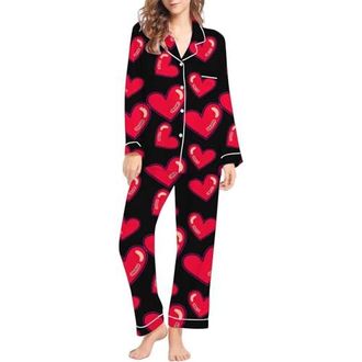 Generic Ensemble de pyjama 2 pi&egrave;ces en satin de soie avec imprim&eacute; coeur, v&ecirc;tements de nuit &agrave; manches longues, col &agrave; revers, chemise boutonn&eacute;e avec pantalon, t