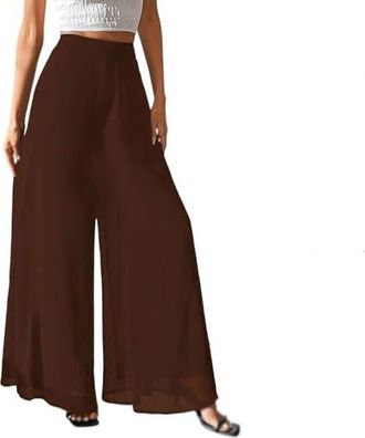 Generic Robe de plage en mousseline de soie pour femme, pantalon palazzo &agrave; jambes larges, fluide, l&eacute;ger, long, tendance, pantalon d&eacute;contract&eacute;, marron fonc&eacute;, X