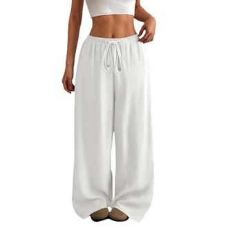 Generic Pantalon d&eacute;contract&eacute; pour femme - Couleur unie - &Eacute;corce - Taille haute - Coupe large - Grande taille, blanc, XXL