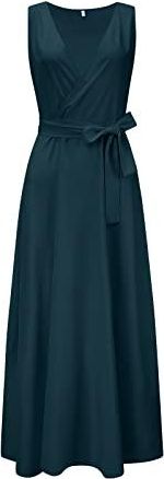 Generic Robe de soirée élégante pour femme - Col en V - Sans manches - Taille nouée - Robe de cocktail longue sexy - Style rétro - Pour une réunion - Robe de 