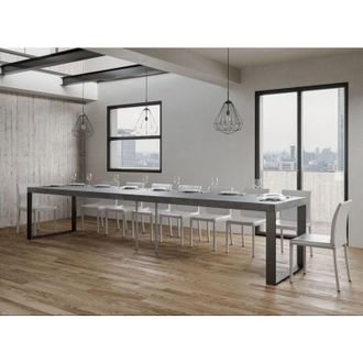 Les Tendances Grande table extensible 8 à 20 places L 180 à 440 cm gris béton et pieds métal anthracite Tiroz - Rallonges 5 rallonges fines - Support 2 pieds