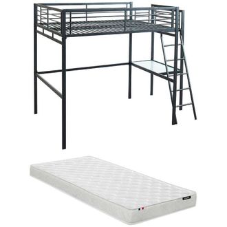 Vente-Unique Vente-unique - Lit mezzanine casual ii - 140 x 190 cm - plateforme bureau - Anthracite + matelas