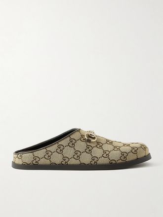Gucci New Sol Slippers Aus Canvas Mit Jacquard-muster, Lederbesätzen Und Horsebit-detail - Neutral